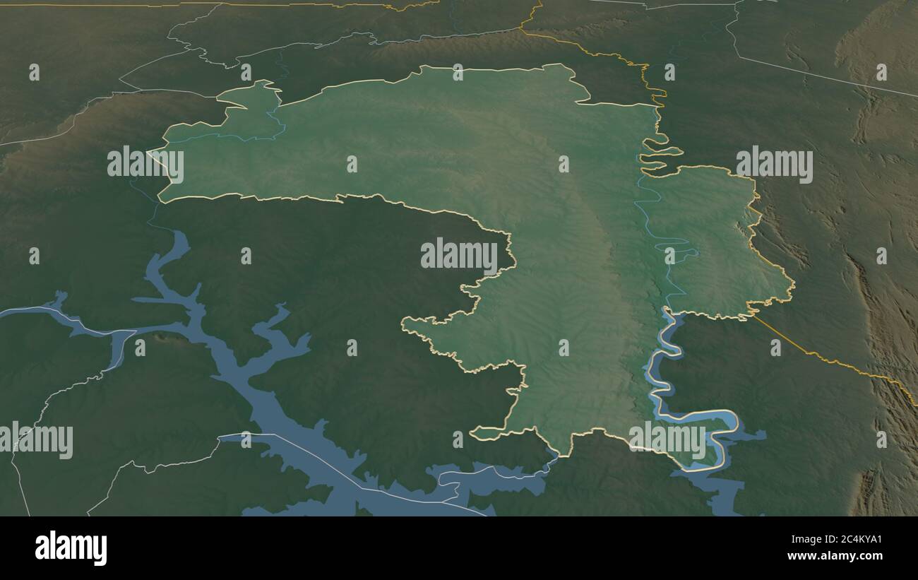 Zoom in on Northern (region of Ghana) outlined. Oblique perspective ...