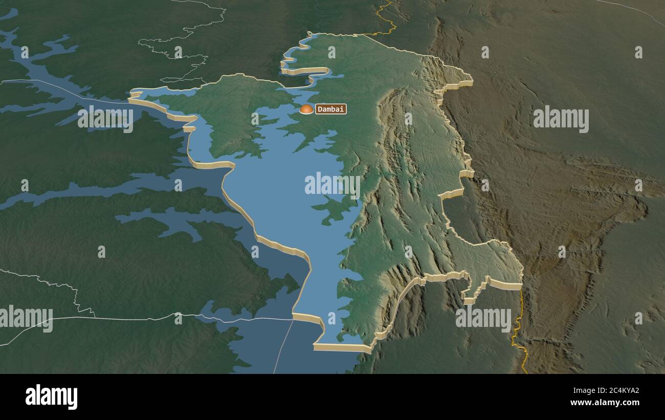 Zoom in on Oti (region of Ghana) extruded. Oblique perspective ...