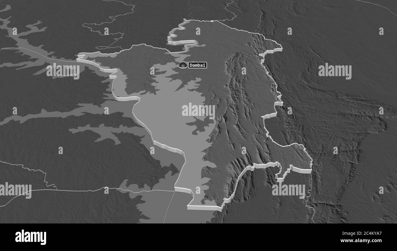 Zoom in on Oti (region of Ghana) extruded. Oblique perspective. Bilevel ...