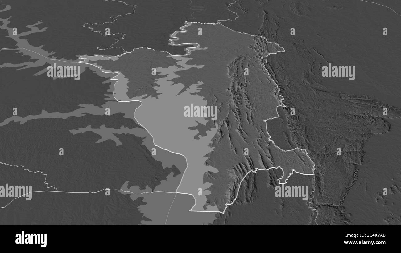 Zoom in on Oti (region of Ghana) outlined. Oblique perspective. Bilevel ...