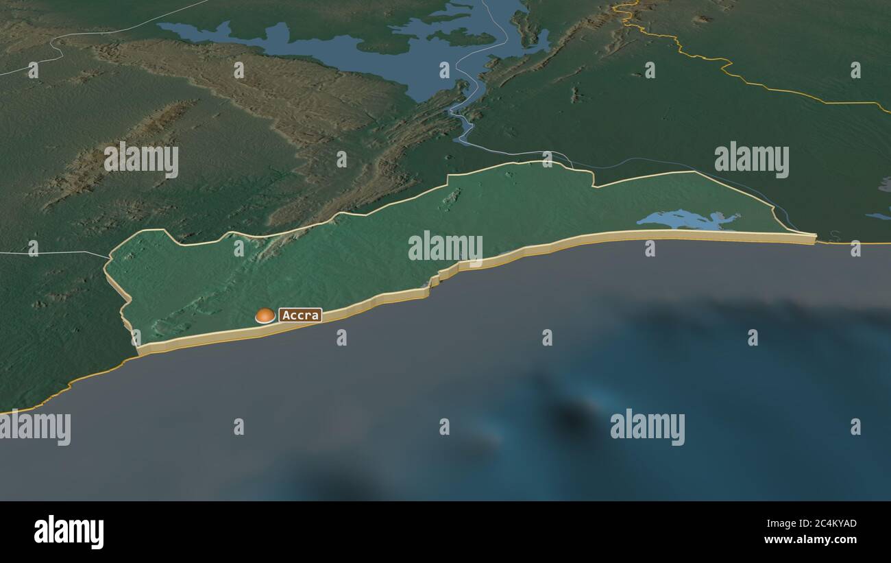 Zoom in on Greater Accra (region of Ghana) extruded. Oblique ...