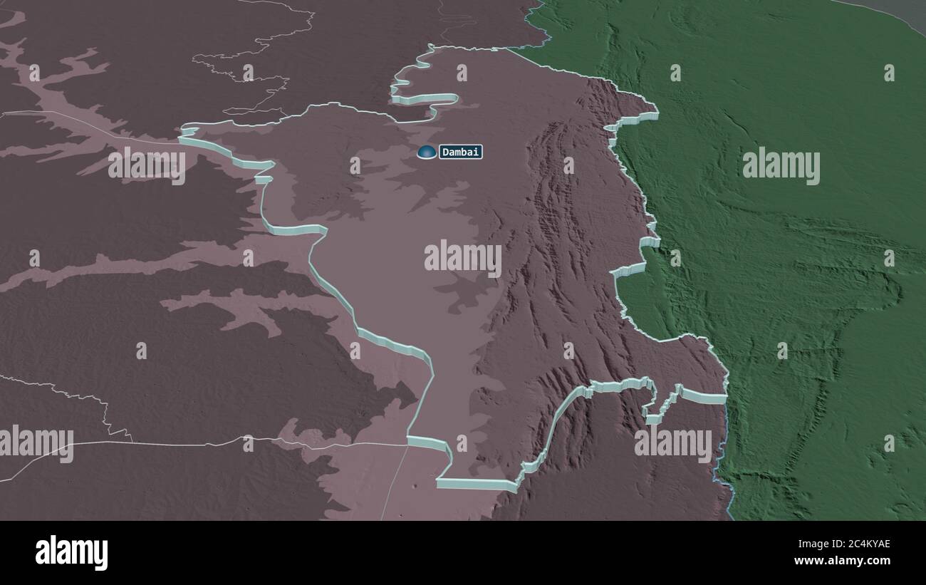 Zoom in on Oti (region of Ghana) extruded. Oblique perspective. Colored ...