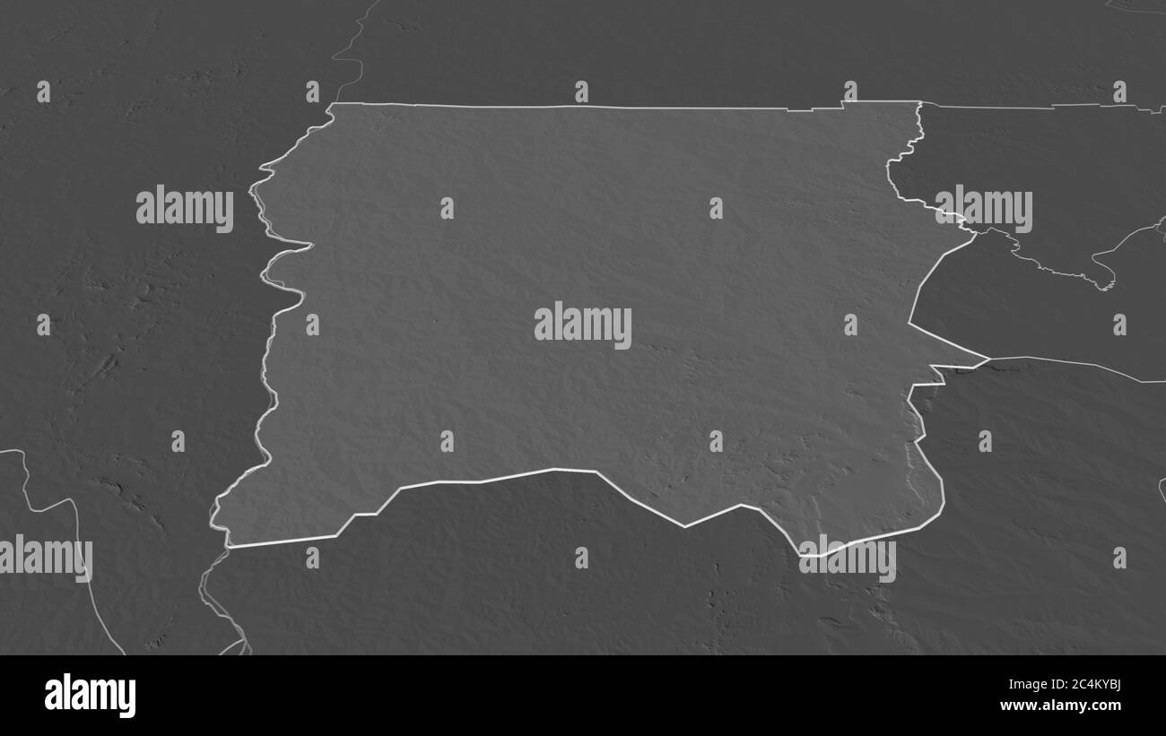 Zoom in on Upper West (region of Ghana) outlined. Oblique perspective ...