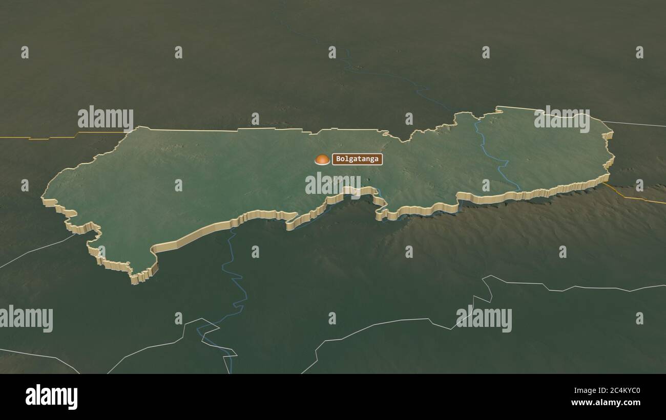 Zoom in on Upper East (region of Ghana) extruded. Oblique perspective ...