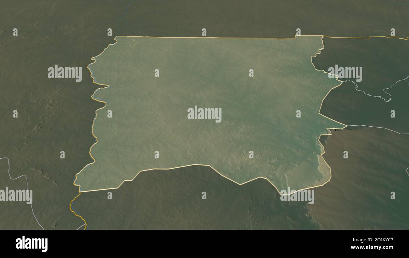 Zoom in on Upper West (region of Ghana) outlined. Oblique perspective ...