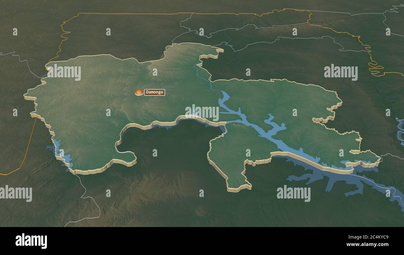 Zoom in on Savannah (region of Ghana) extruded. Oblique perspective ...