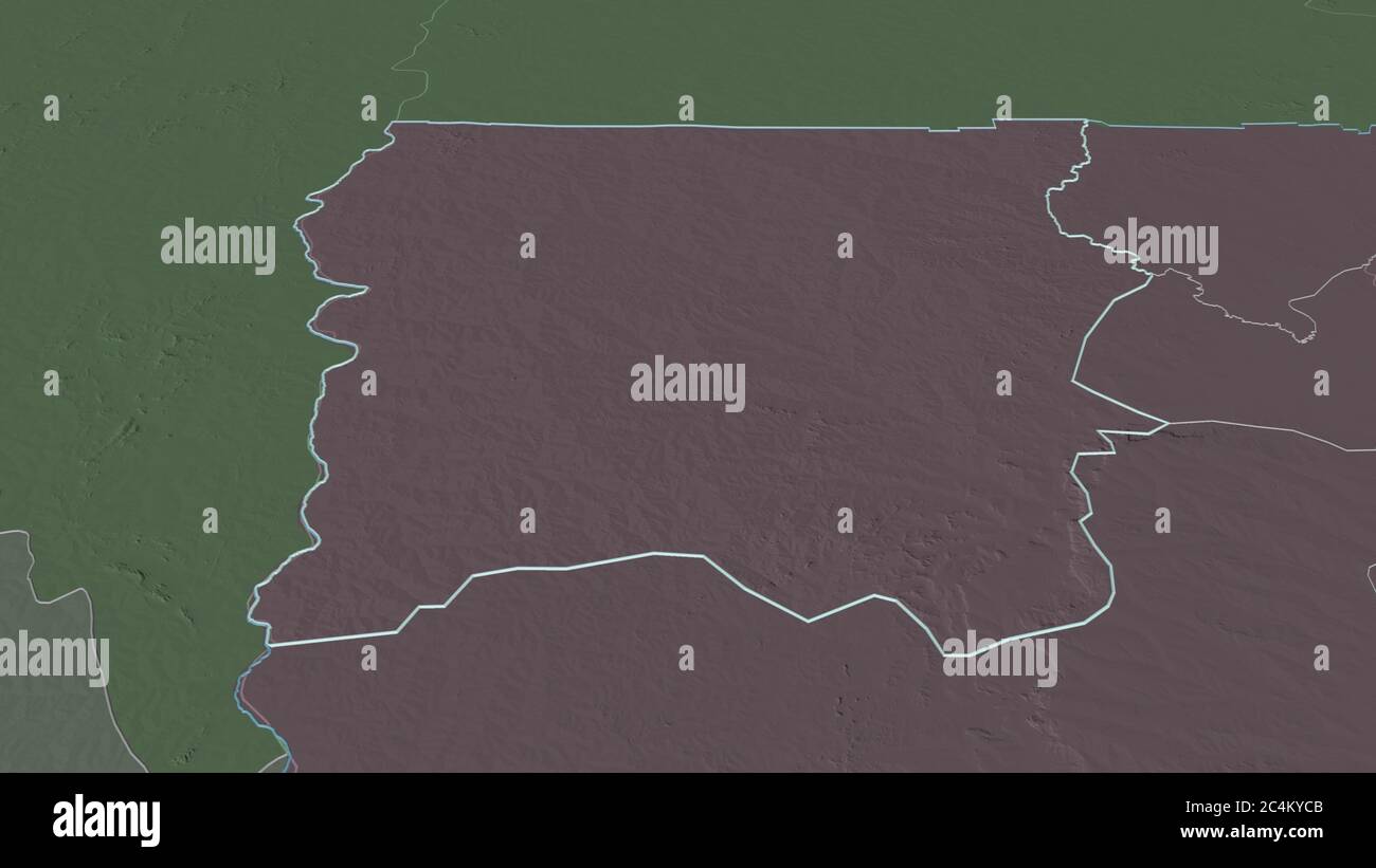 Zoom in on Upper West (region of Ghana) outlined. Oblique perspective ...