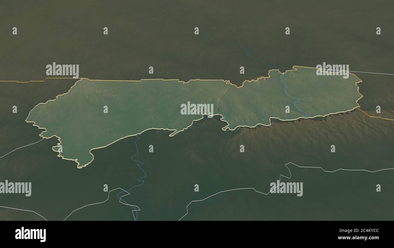 Zoom in on Upper East (region of Ghana) outlined. Oblique perspective ...