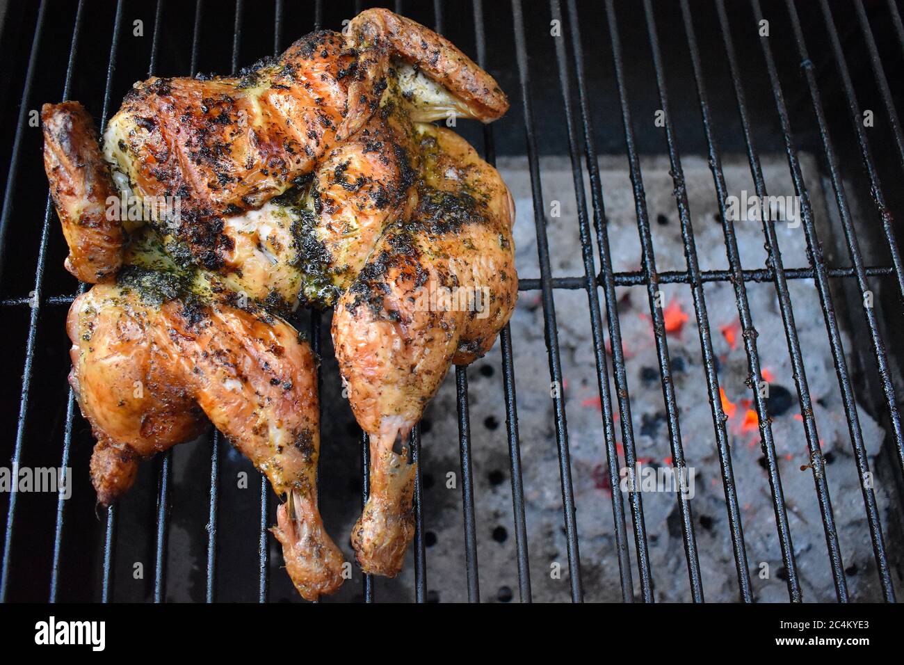 Barbecue chicken Spatchcocked bird has the backbone removed This allows ...