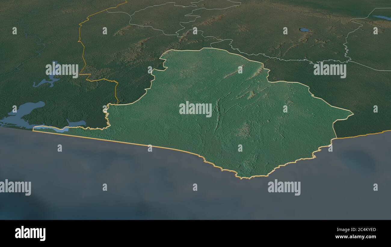 Zoom in on Western (region of Ghana) outlined. Oblique perspective ...