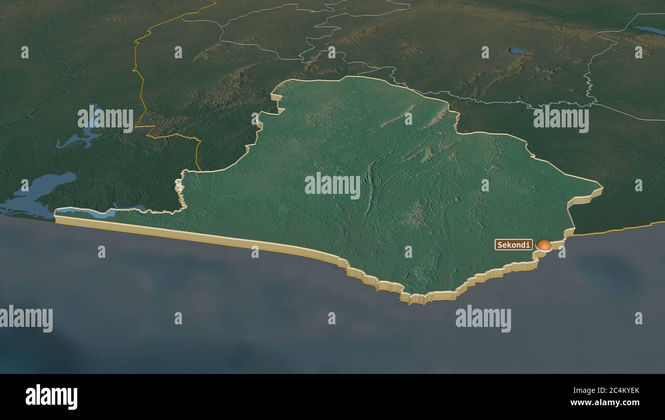 Zoom in on Western (region of Ghana) extruded. Oblique perspective ...