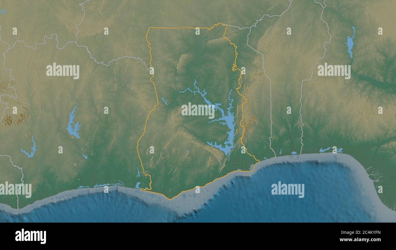 Outlined shape of the Ghana area. Topographic relief map with surface waters. 3D rendering Stock ...