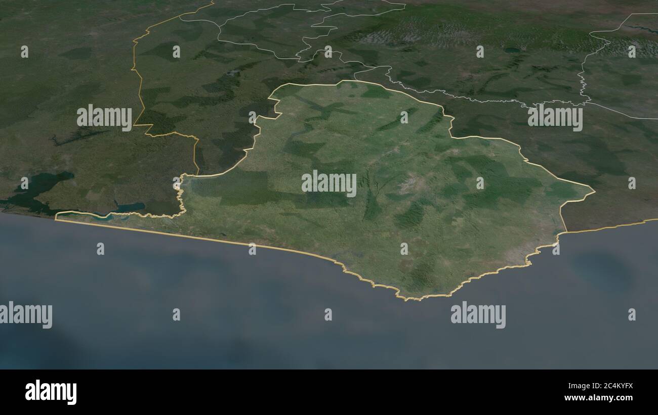 Zoom in on Western (region of Ghana) outlined. Oblique perspective ...