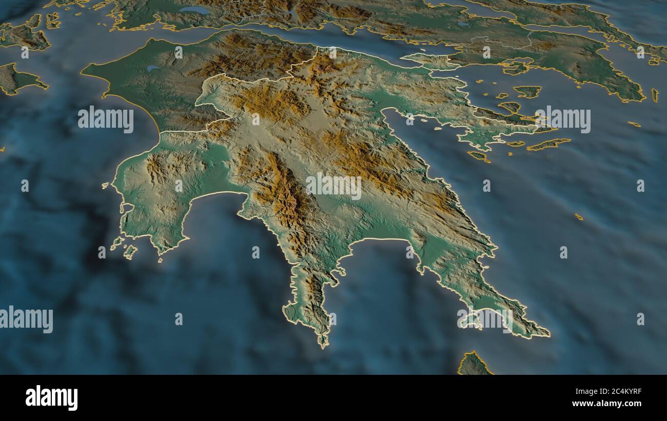 Zoom in on Peloponnese (decentralized administration of Greece) outlined. Oblique perspective ...