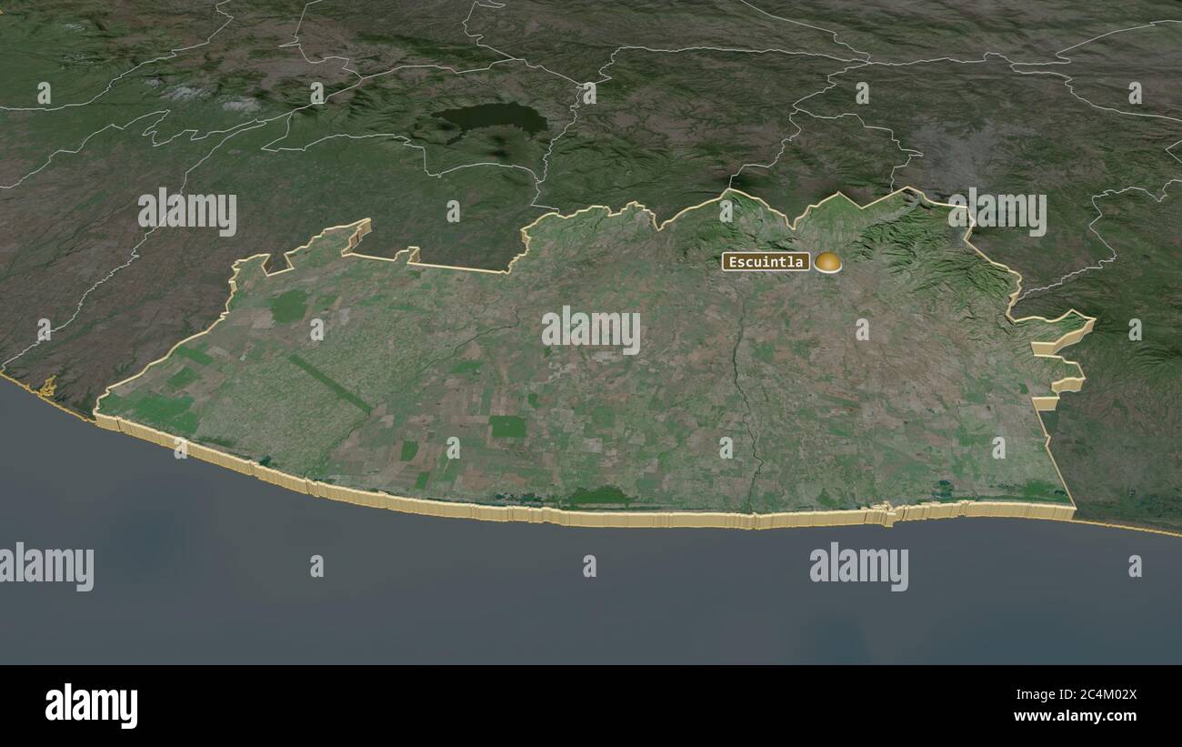 Zoom in on Escuintla (department of Guatemala) extruded. Oblique ...