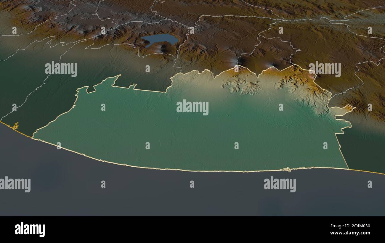 Zoom in on Escuintla (department of Guatemala) outlined. Oblique ...