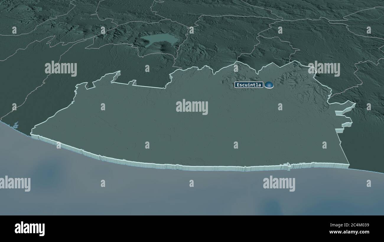 Zoom in on Escuintla (department of Guatemala) extruded. Oblique ...