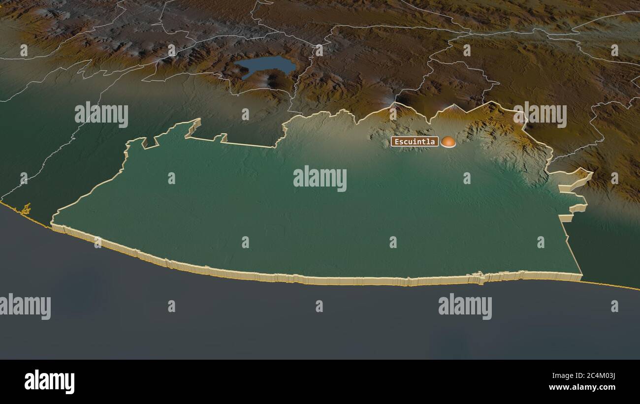 Zoom in on Escuintla (department of Guatemala) extruded. Oblique ...