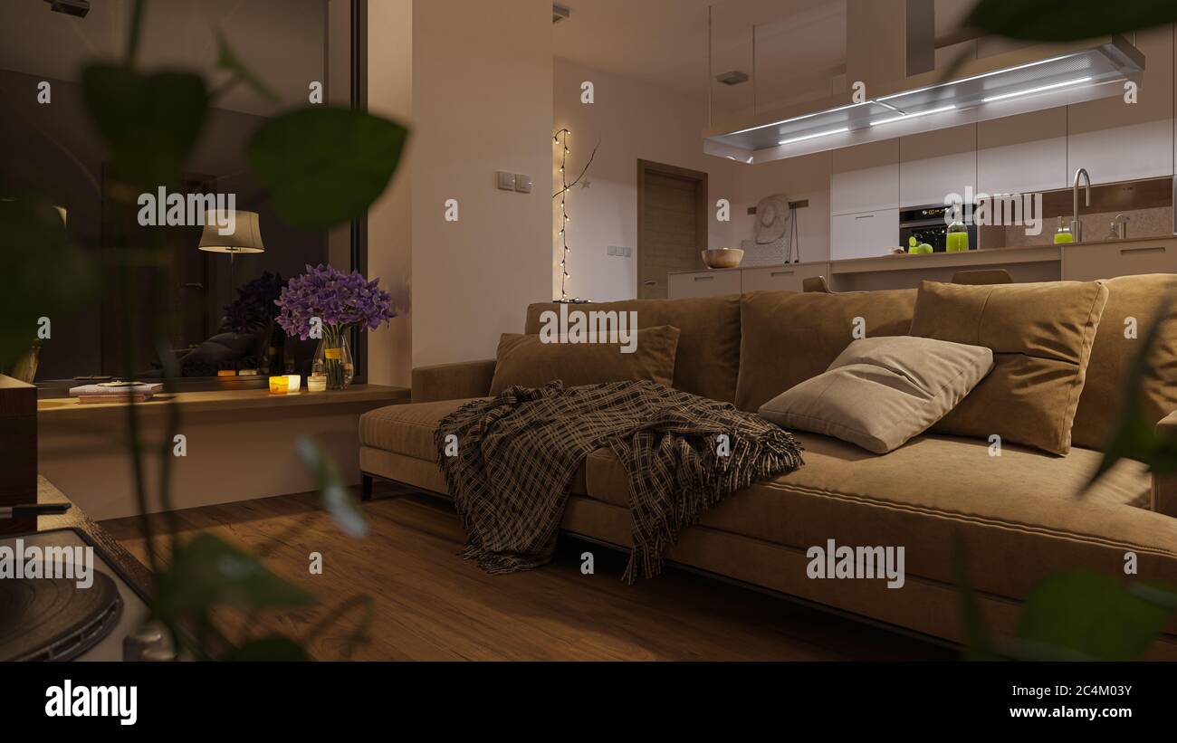 Dimly Illuminated Open Plan Kitchen and Living Room at Night Stock ...