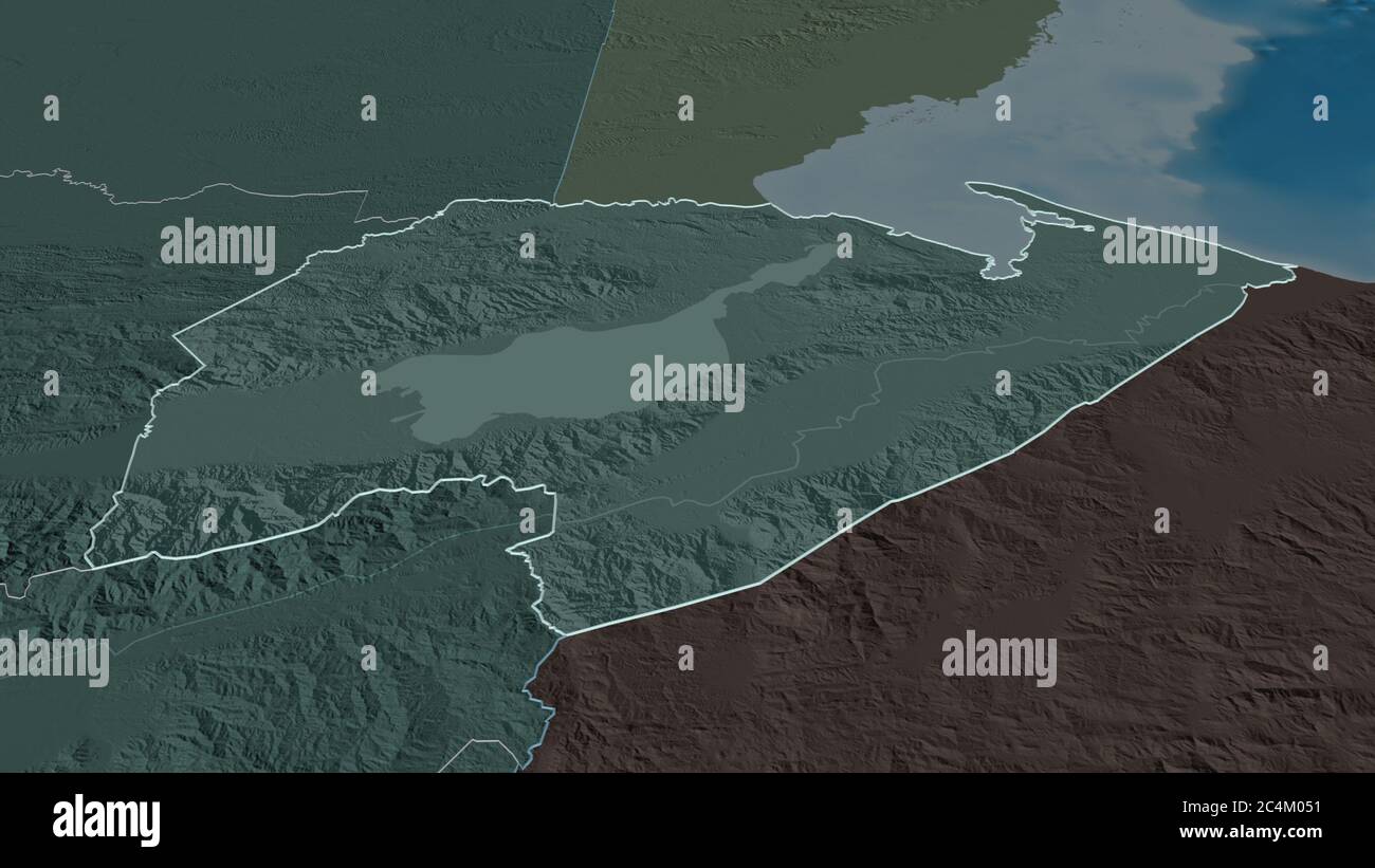Zoom in on Izabal (department of Guatemala) outlined. Oblique ...