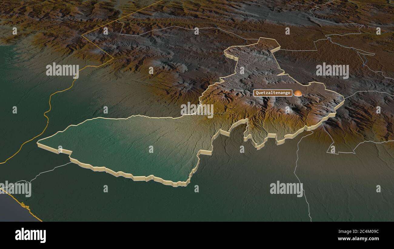 Zoom in on Quezaltenango (department of Guatemala) extruded. Oblique ...