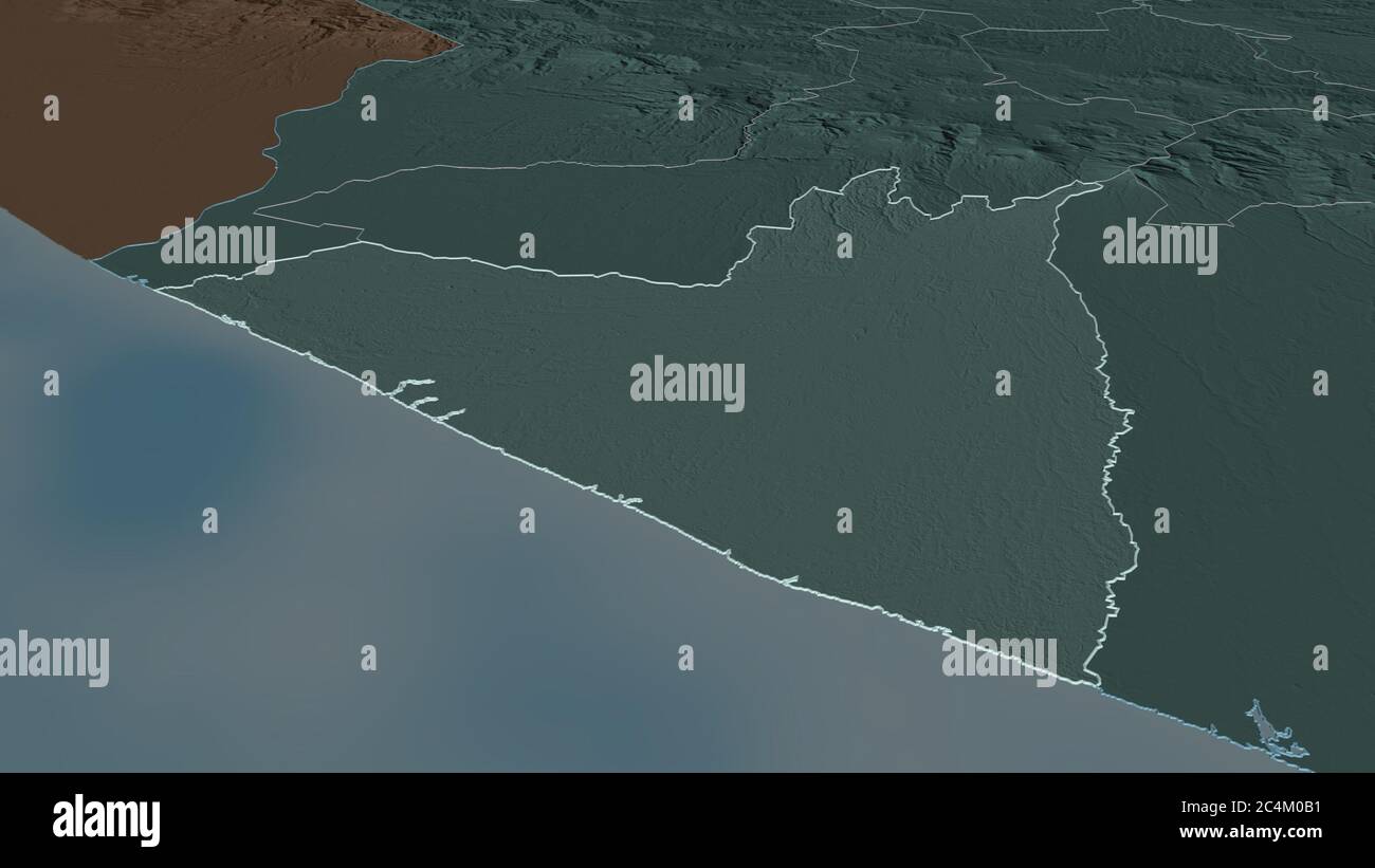 Zoom in on Retalhuleu (department of Guatemala) outlined. Oblique ...