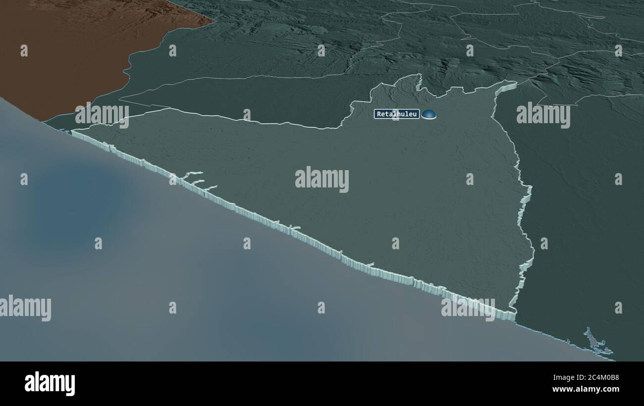 Zoom in on Retalhuleu (department of Guatemala) extruded. Oblique ...