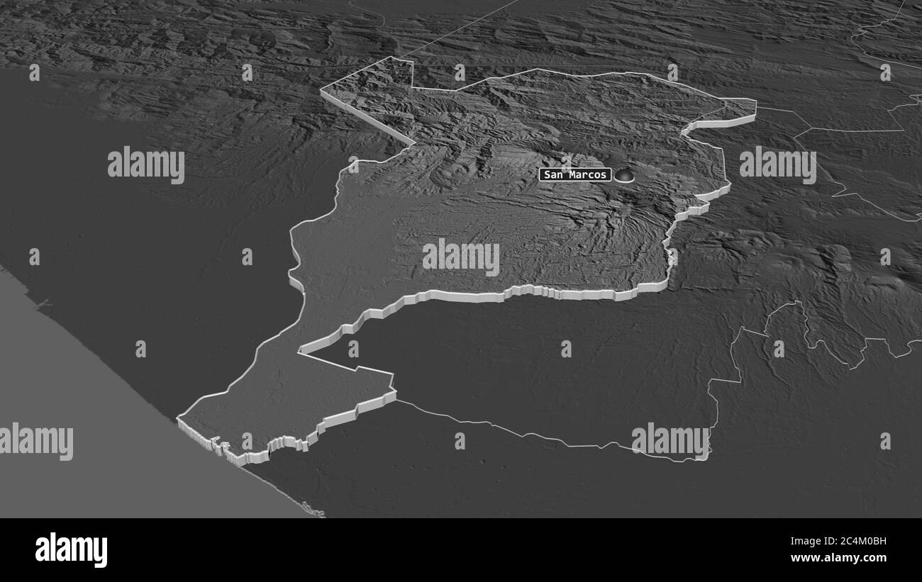Zoom in on San Marcos (department of Guatemala) extruded. Oblique ...
