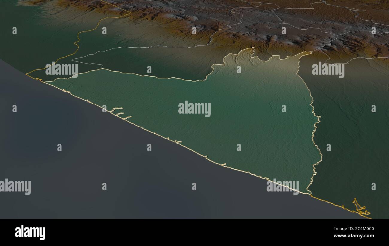 Zoom in on Retalhuleu (department of Guatemala) outlined. Oblique ...