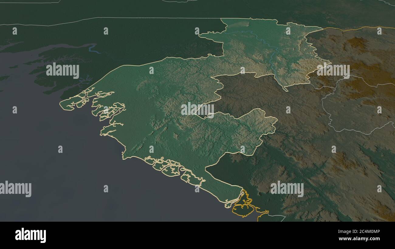 Zoom in on Boké (region of Guinea) outlined. Oblique perspective ...