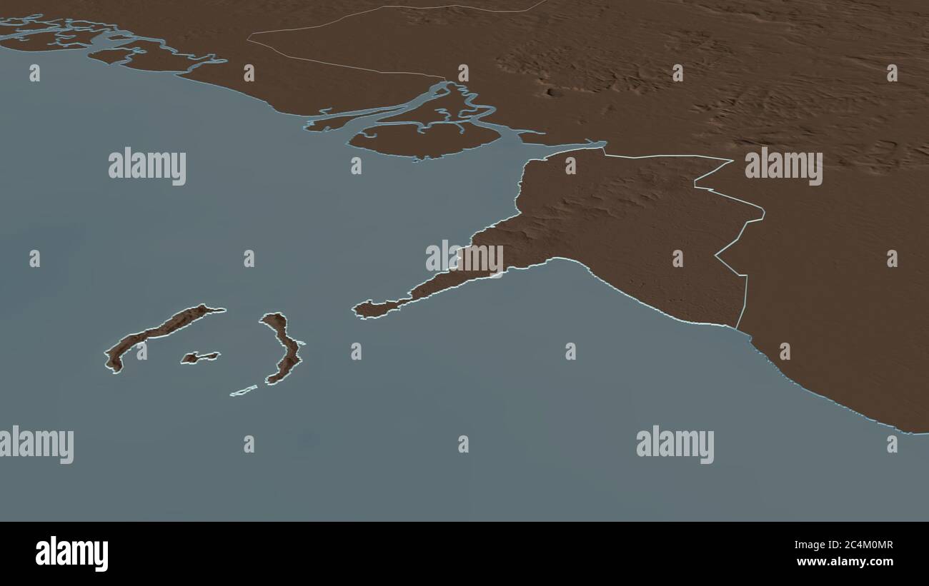 Zoom in on Conakry (region of Guinea) outlined. Oblique perspective ...