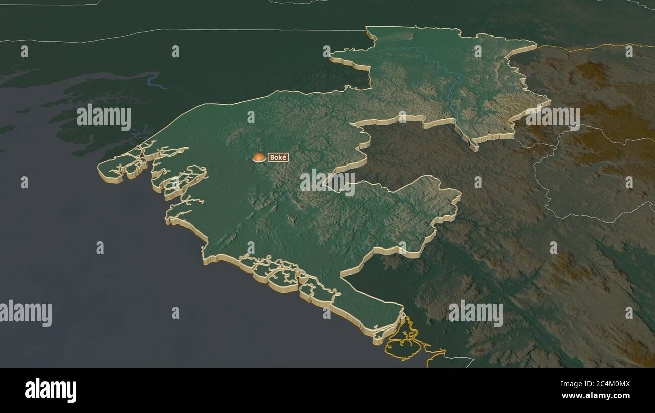 Zoom in on Boké (region of Guinea) extruded. Oblique perspective ...