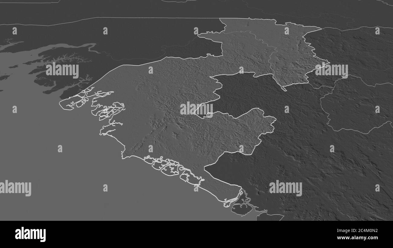 Zoom in on Boké (region of Guinea) outlined. Oblique perspective ...