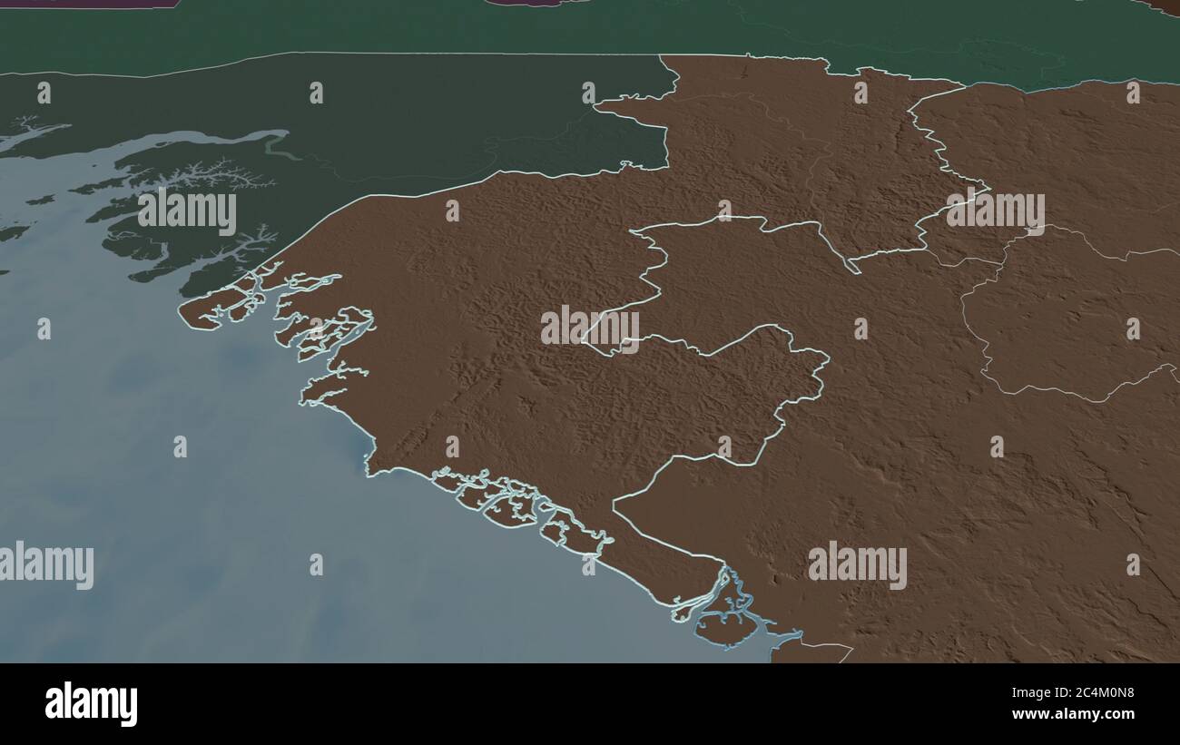 Zoom in on Boké (region of Guinea) outlined. Oblique perspective ...