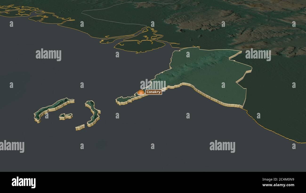 Zoom in on Conakry (region of Guinea) extruded. Oblique perspective ...