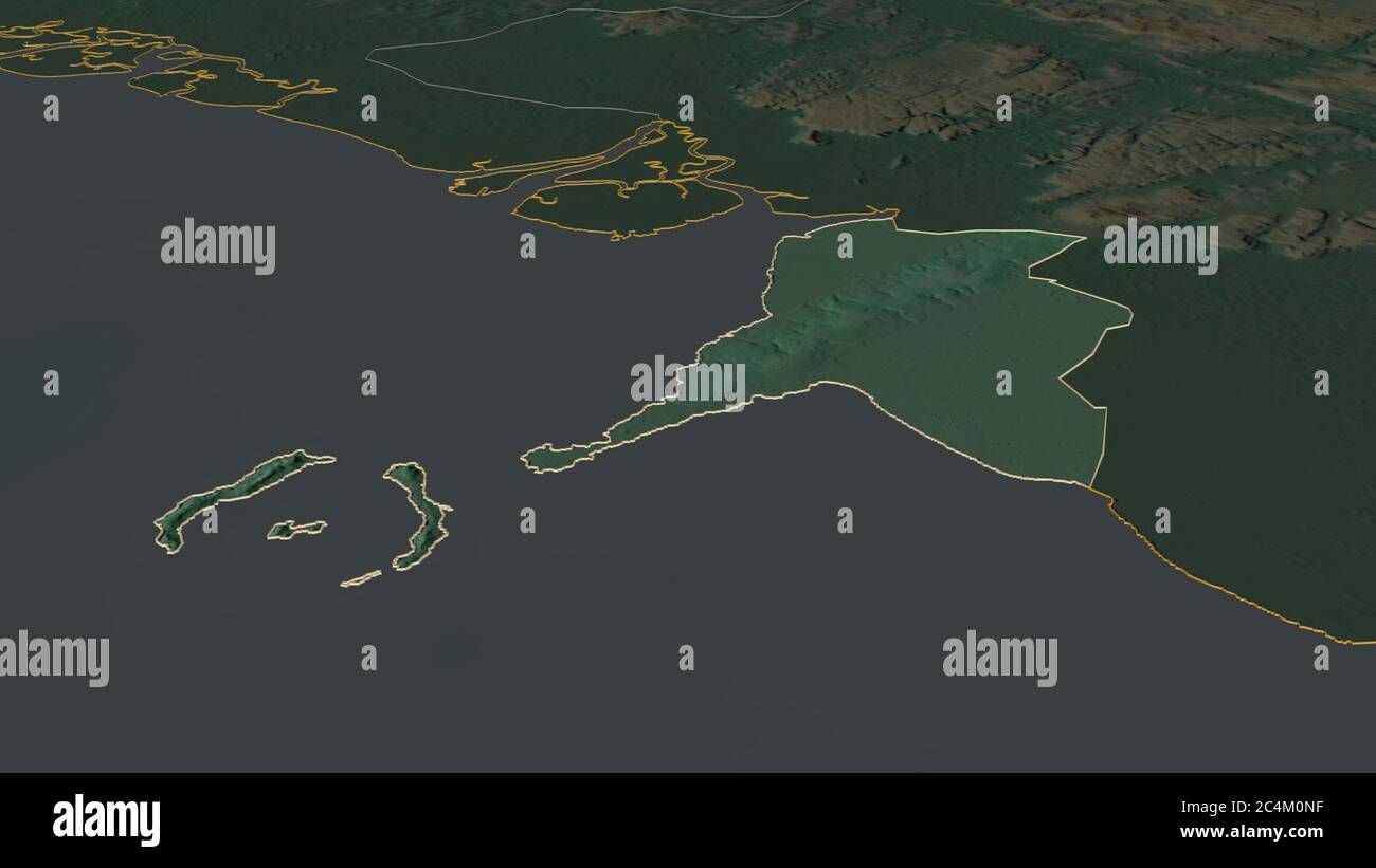 Zoom in on Conakry (region of Guinea) outlined. Oblique perspective ...