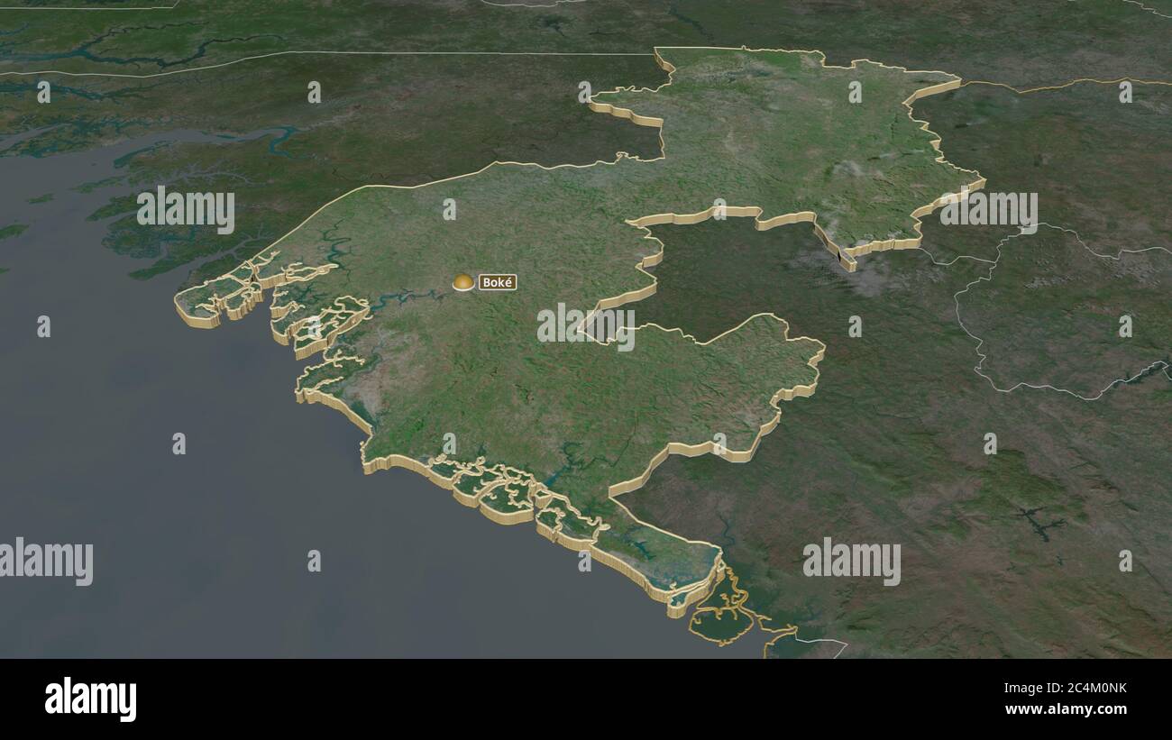 Zoom in on Boké (region of Guinea) extruded. Oblique perspective ...