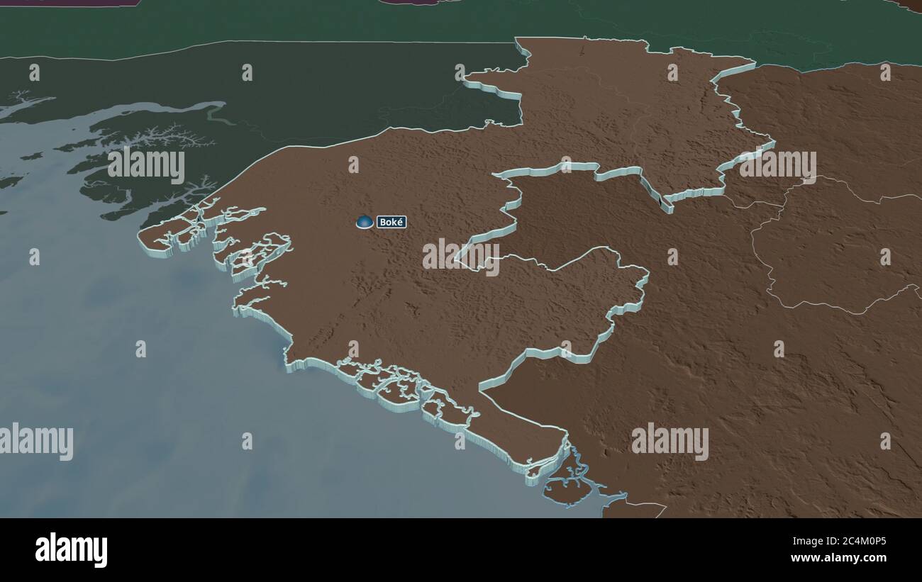 Zoom in on Boké (region of Guinea) extruded. Oblique perspective ...