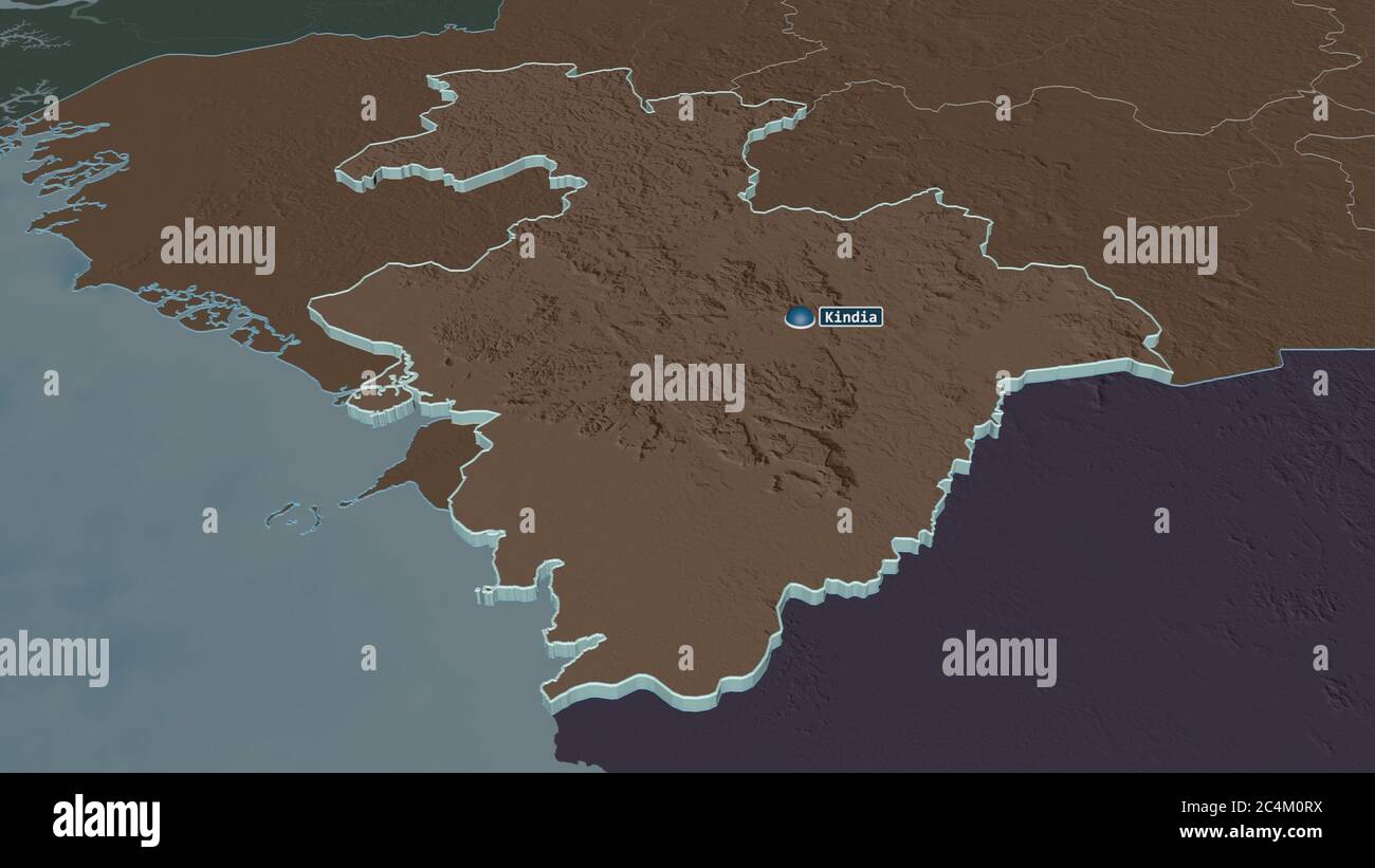 Zoom in on Kindia (region of Guinea) extruded. Oblique perspective ...