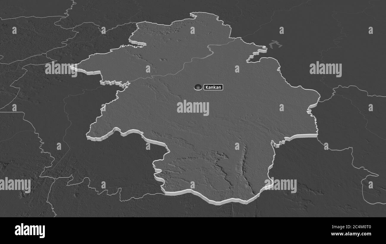 Zoom in on Kankan (region of Guinea) extruded. Oblique perspective ...