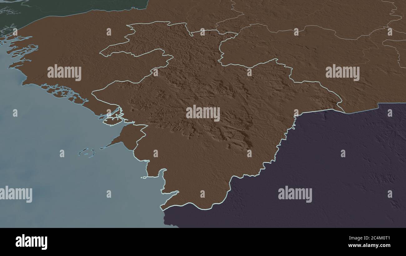 Zoom in on Kindia (region of Guinea) outlined. Oblique perspective ...
