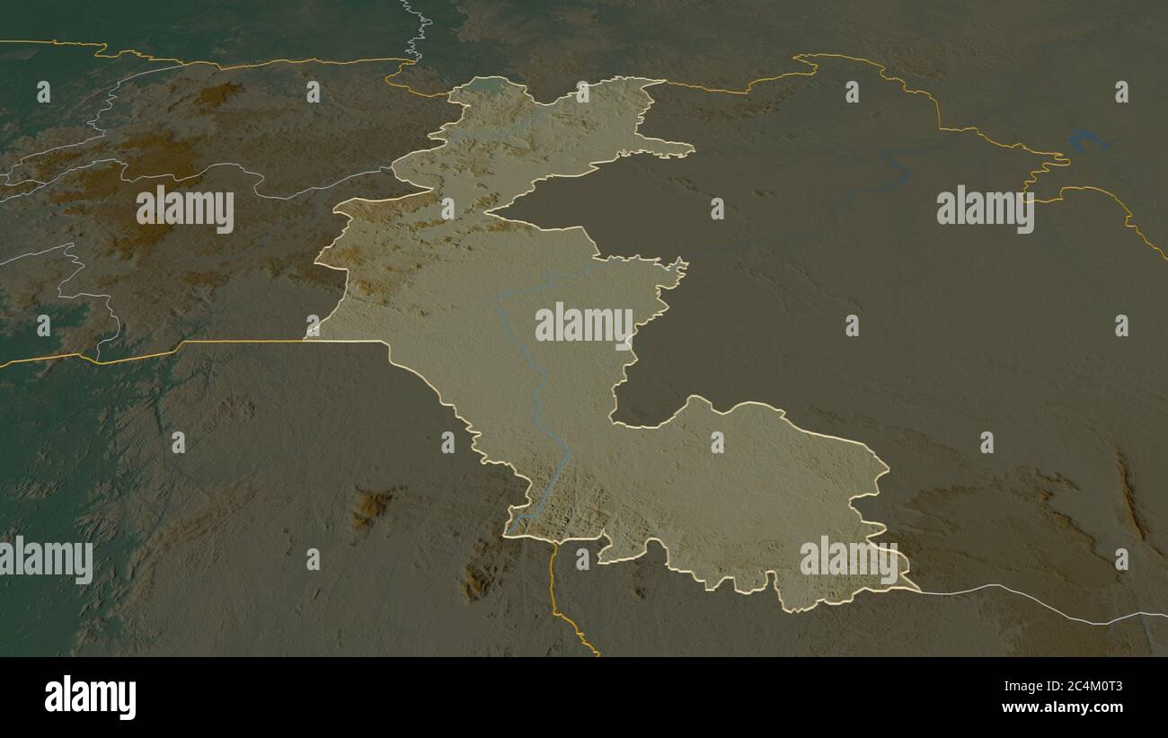 Zoom in on Faranah (region of Guinea) outlined. Oblique perspective ...