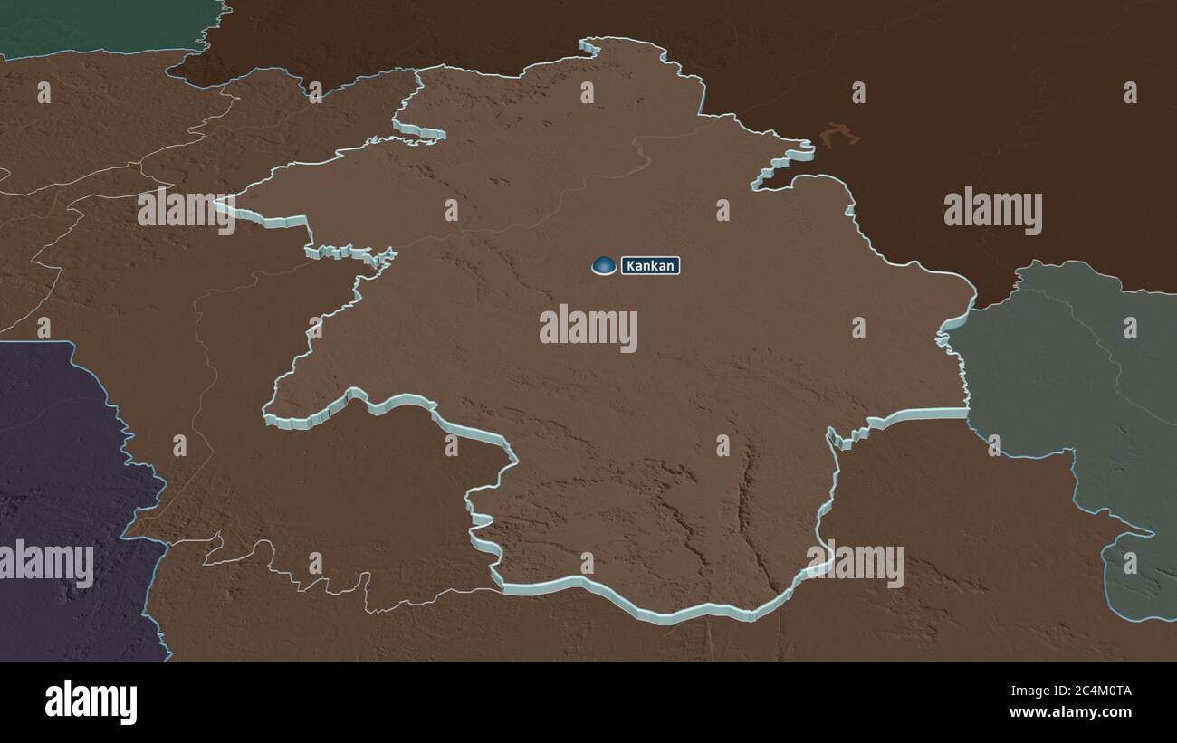 Zoom in on Kankan (region of Guinea) extruded. Oblique perspective ...