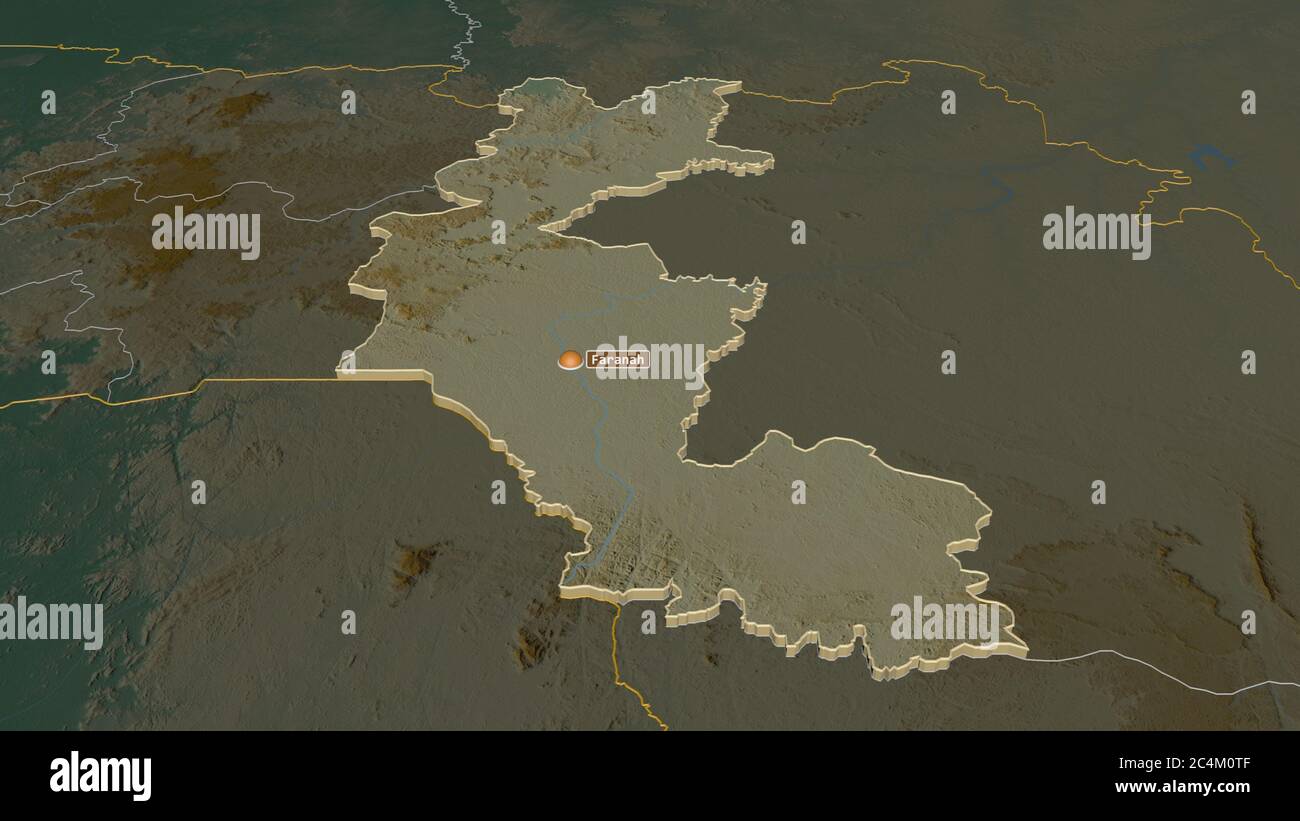 Zoom in on Faranah (region of Guinea) extruded. Oblique perspective ...