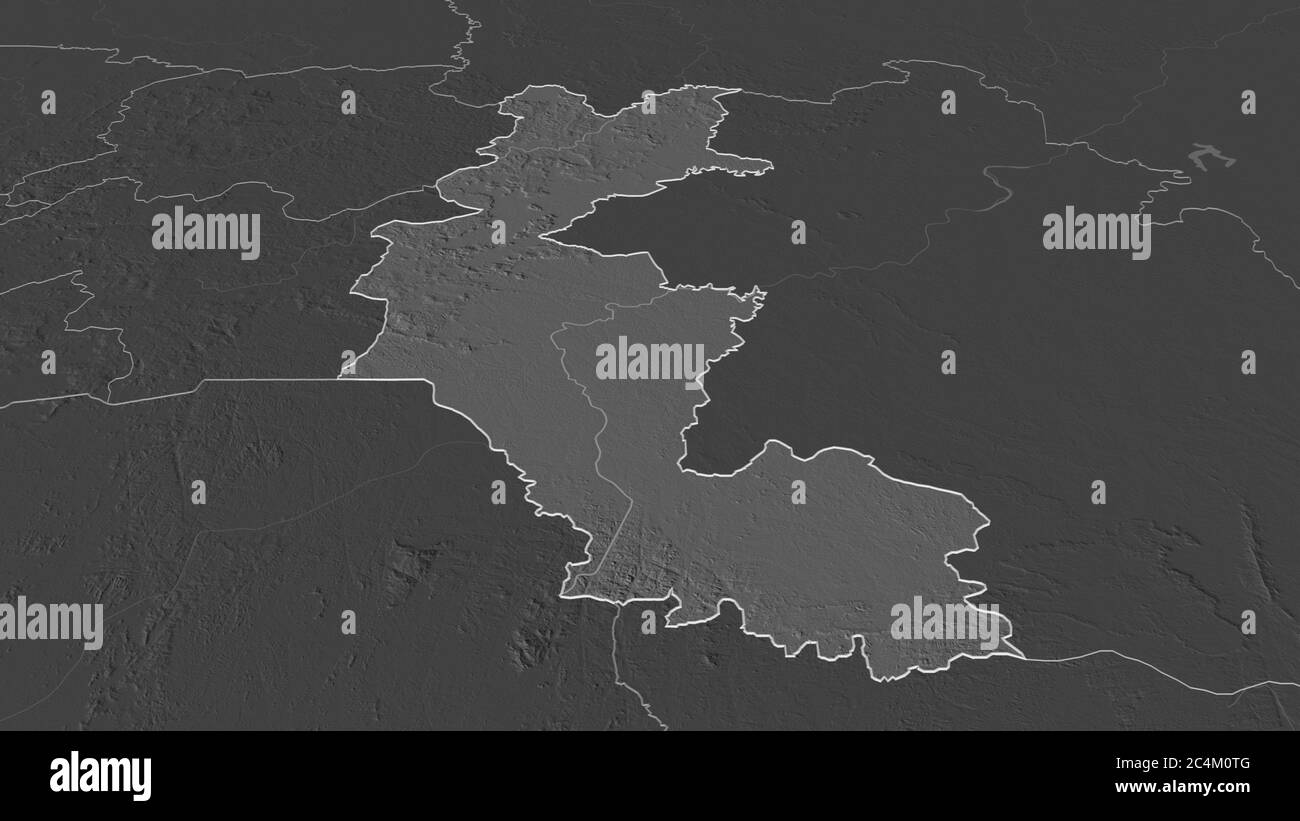 Zoom in on Faranah (region of Guinea) outlined. Oblique perspective ...