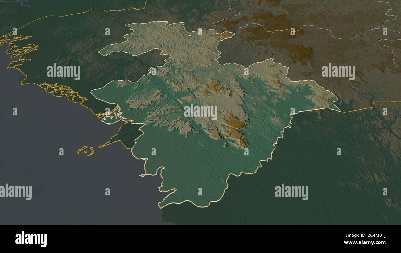 Zoom in on Kindia (region of Guinea) outlined. Oblique perspective ...