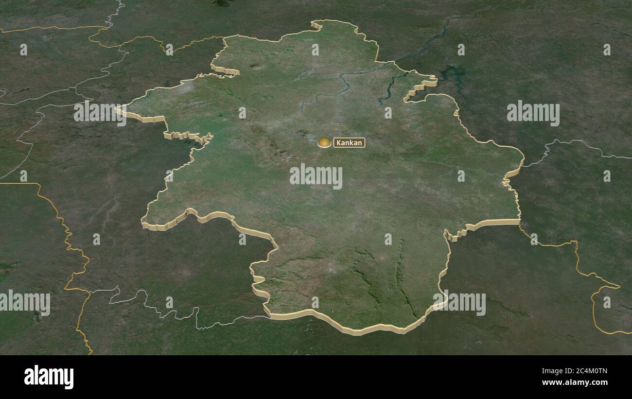 Zoom in on Kankan (region of Guinea) extruded. Oblique perspective ...