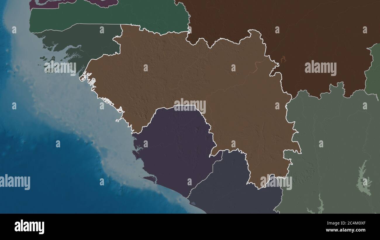 Outlined shape of the Guinea area. Colored and bumped map of the ...