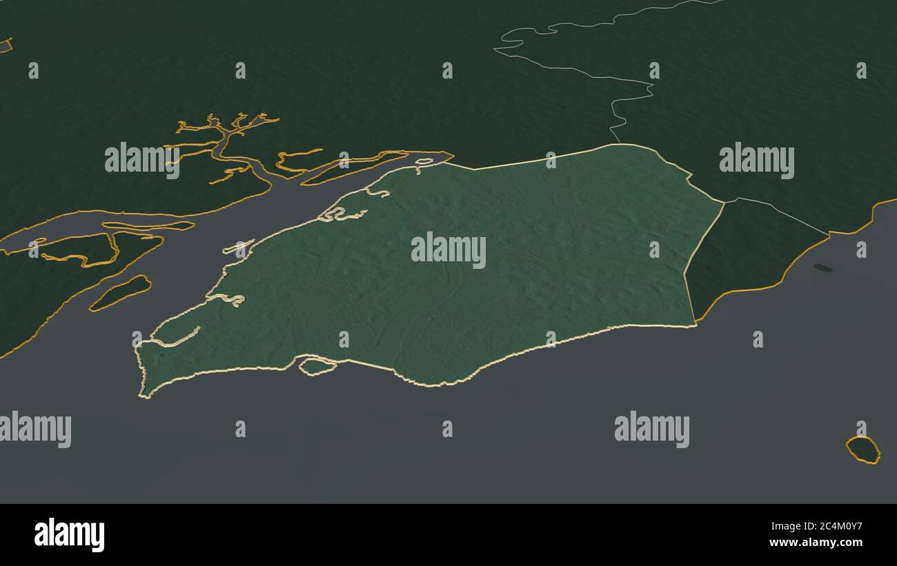 Zoom in on Biombo (region of Guinea-Bissau) outlined. Oblique ...