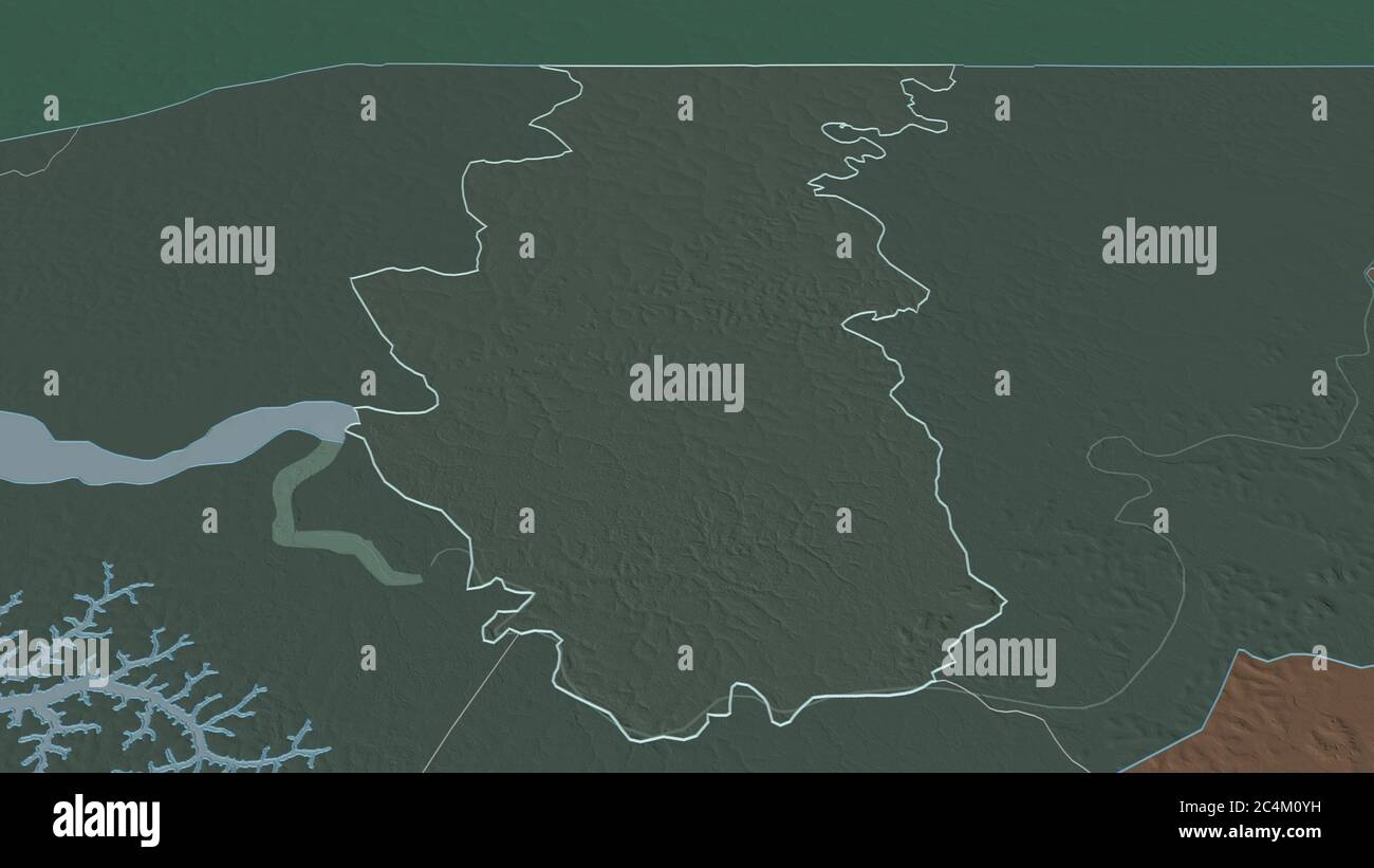 Zoom in on Bafatá (region of Guinea-Bissau) outlined. Oblique ...